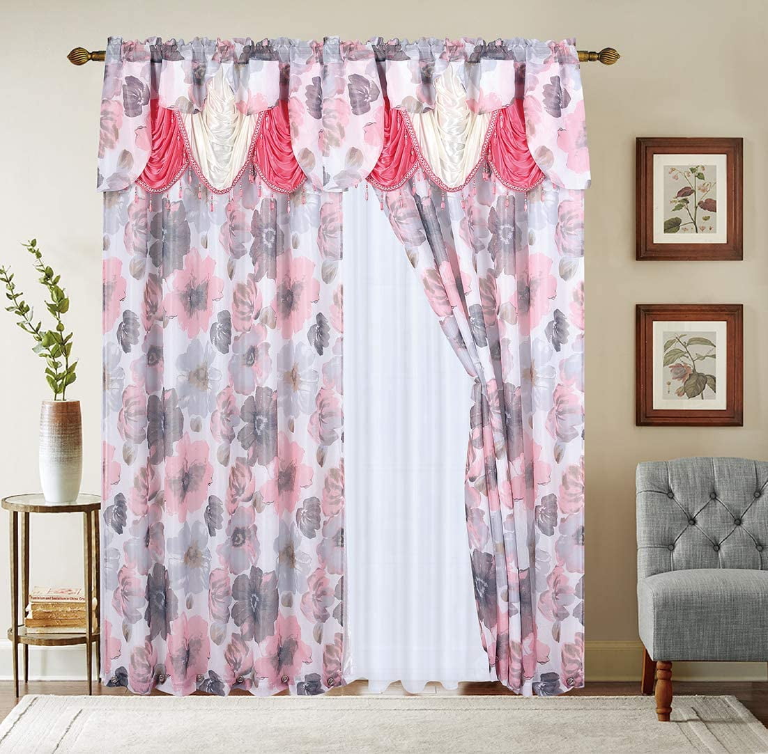 2PC Flower Print Curtain Window Panel Set with Attached Valance with ...