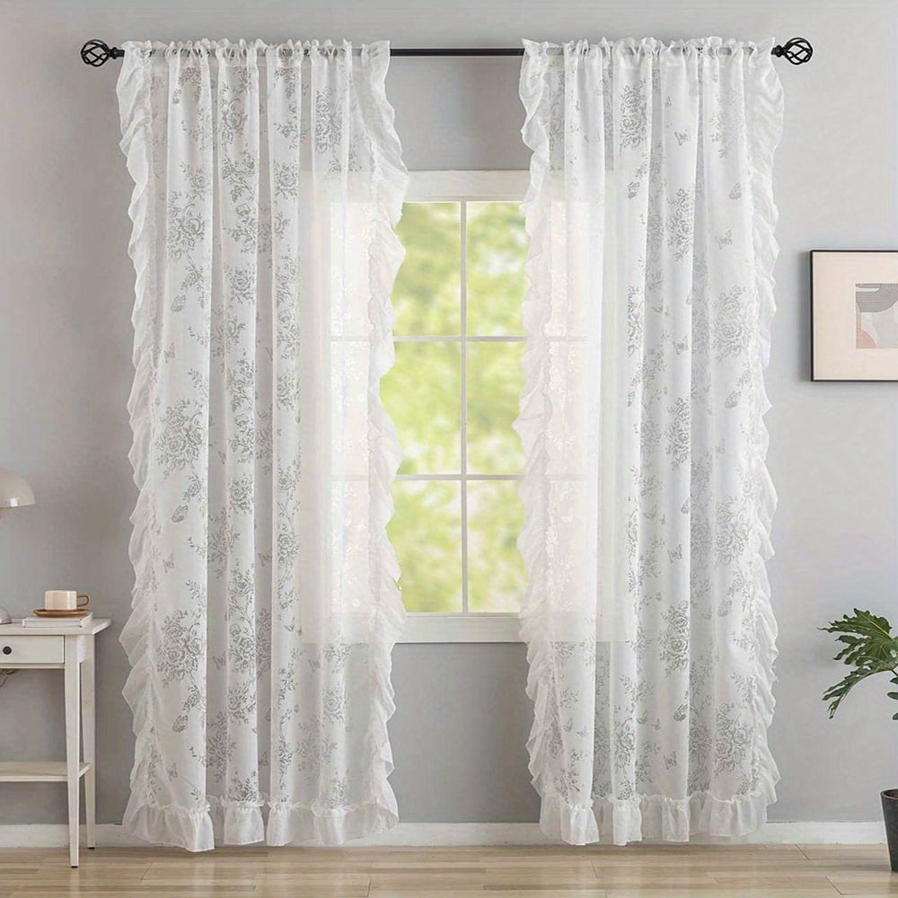 2PC French Style Ruffled Sheer Curtain - Victorian Drapes Rod Pocket ...