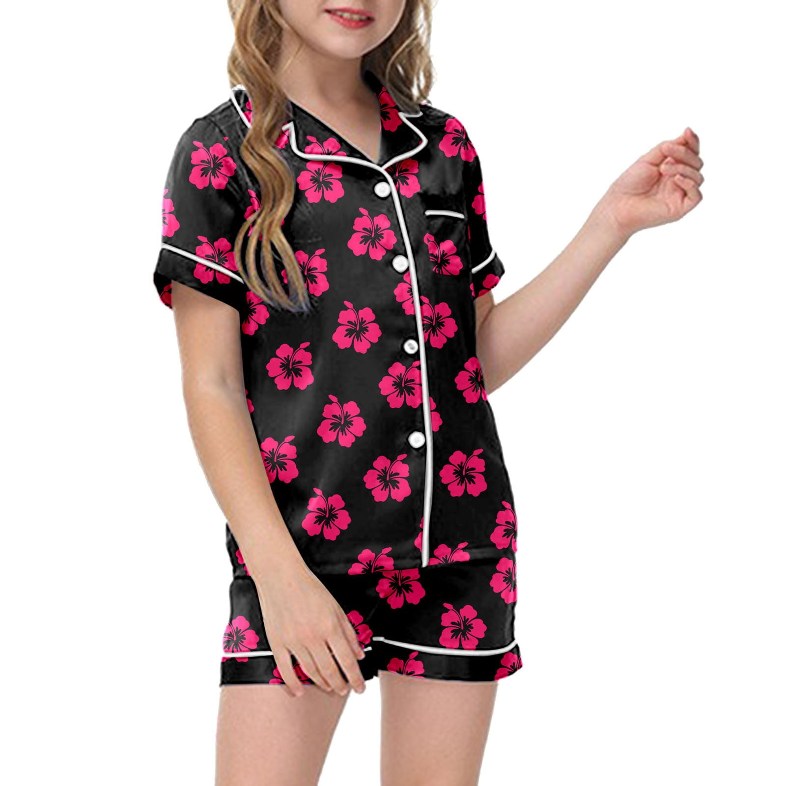 2PC Girls Outfits Pajamas Graphic Floral Print Short Sleeve Lapel ...