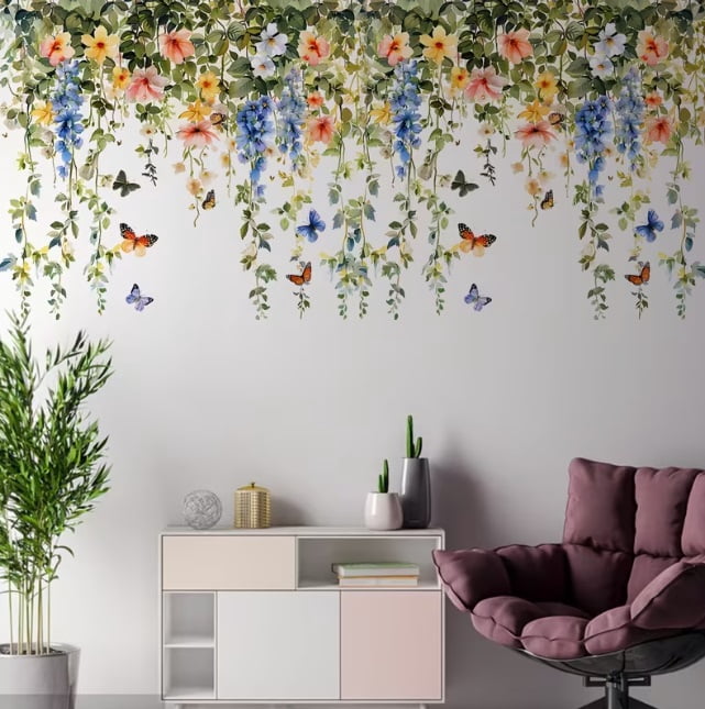 2PC Green Plant Vine Flower Butterfly Wall Decals - Self-Adhesive ...