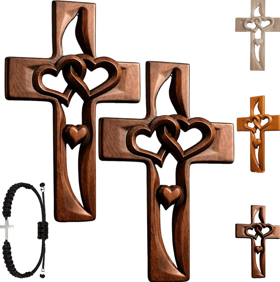 2PC Handmade Wooden Cross with Intertwined Hearts, Hand-Carved Wooden ...