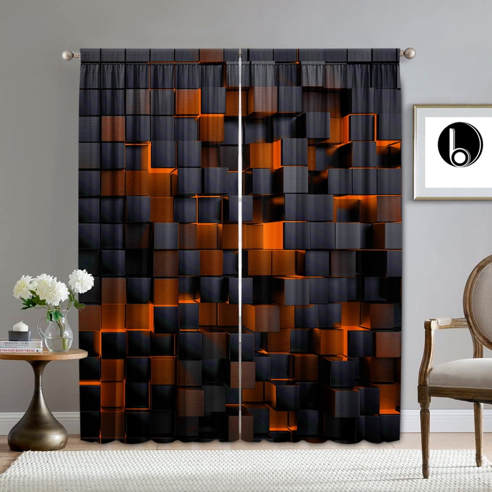 2PC Home Decoration Curtains With Mysterious Translucent Grid And Rod ...