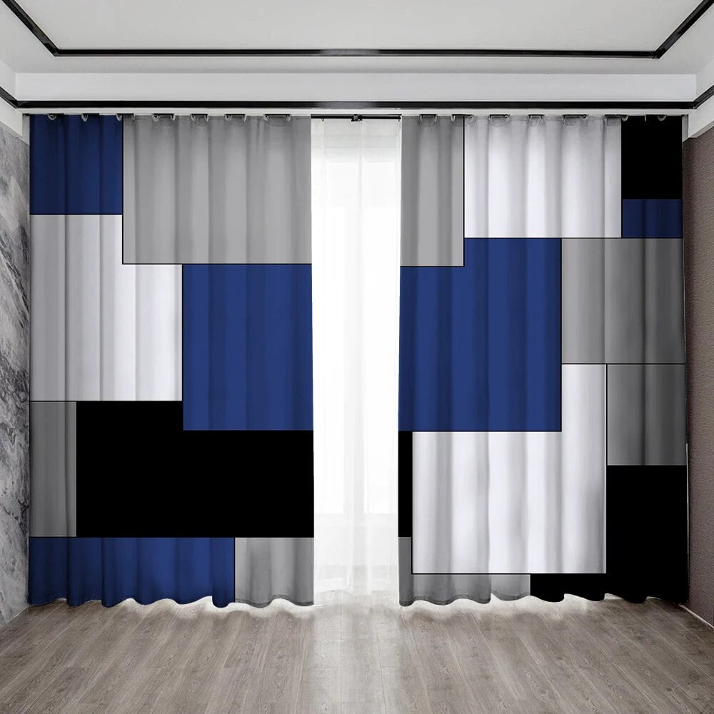 2PC Home ration Curtain Charm Geometric Fashion Grid Printed Curtain ...