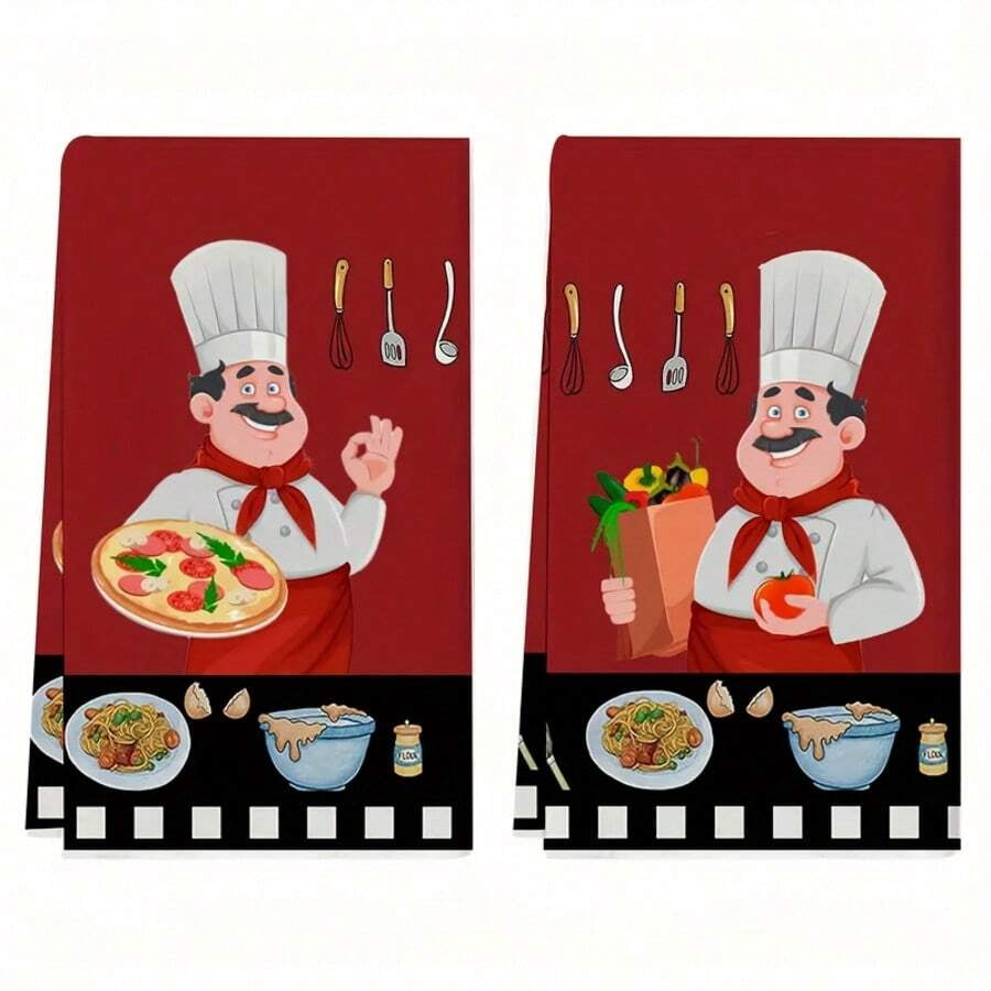2PC Italian Chef Kitchen Towels Set - Red Cooking Themed Dish Cloths ...