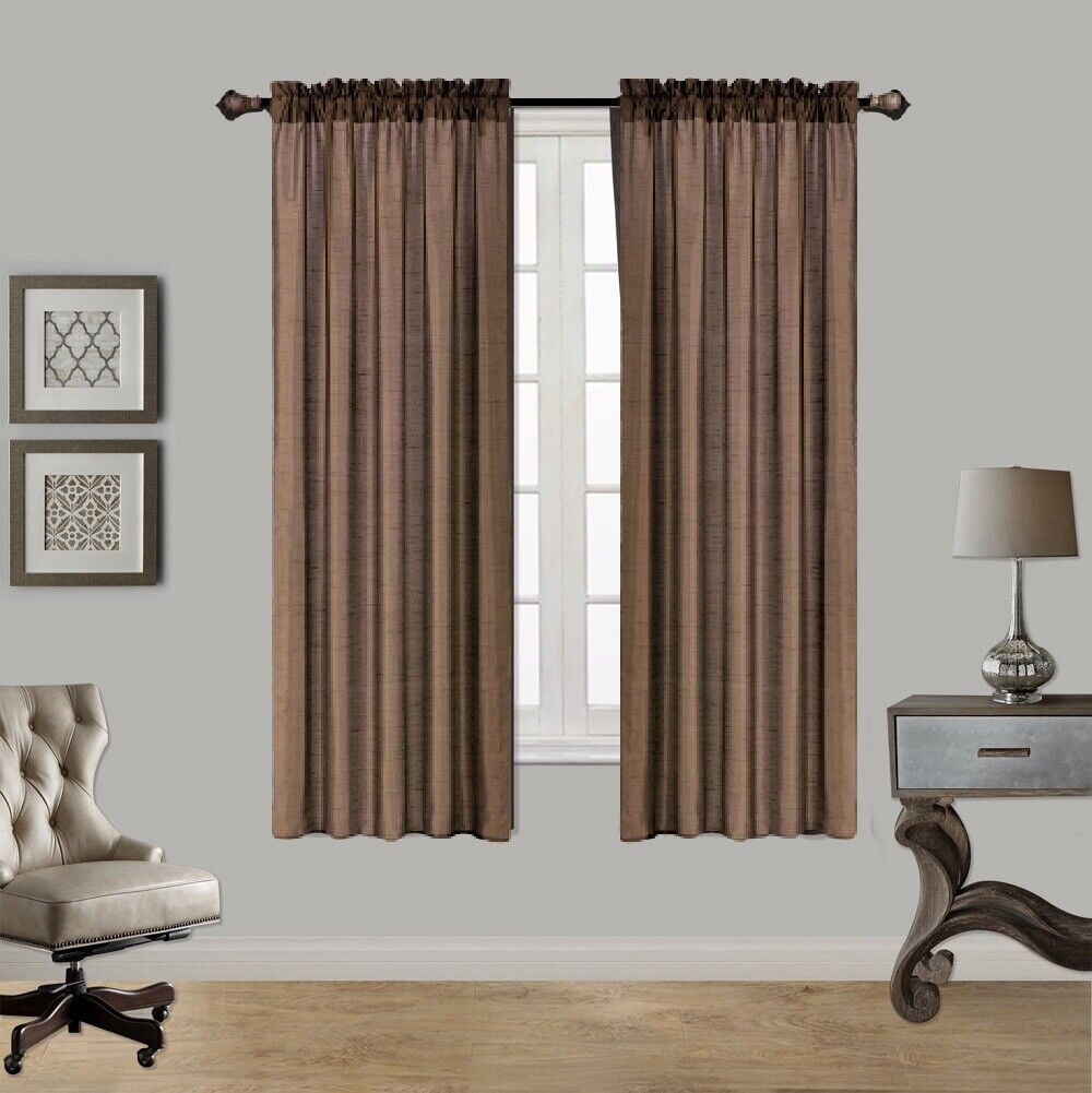 2PC MR2 BROWN SOLID SILK SEMI SHEER ROD POCKET WINDOW CURTAIN PANEL ...
