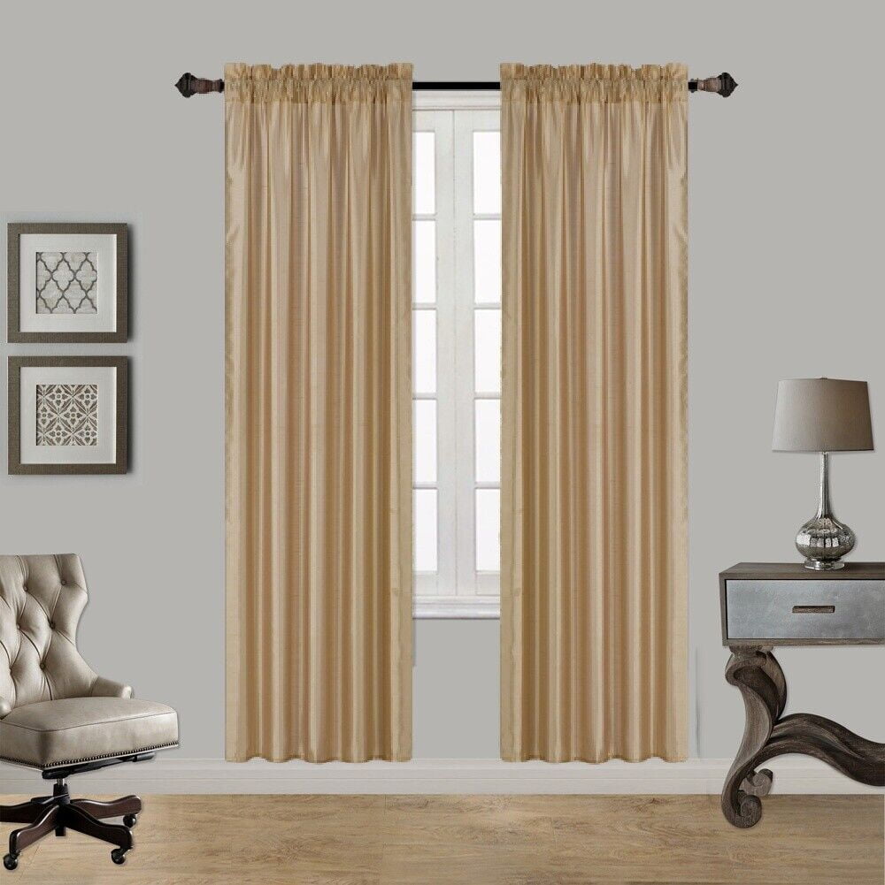2PC MR2 GOLD SOLID SILK SEMI SHEER ROD POCKET WINDOW CURTAIN PANEL ...
