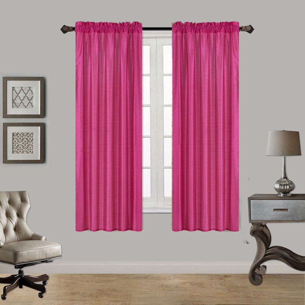 2PC MR2 HOT PINK SOLID SILK SEMI SHEER ROD POCKET WINDOW CURTAIN PANEL ...