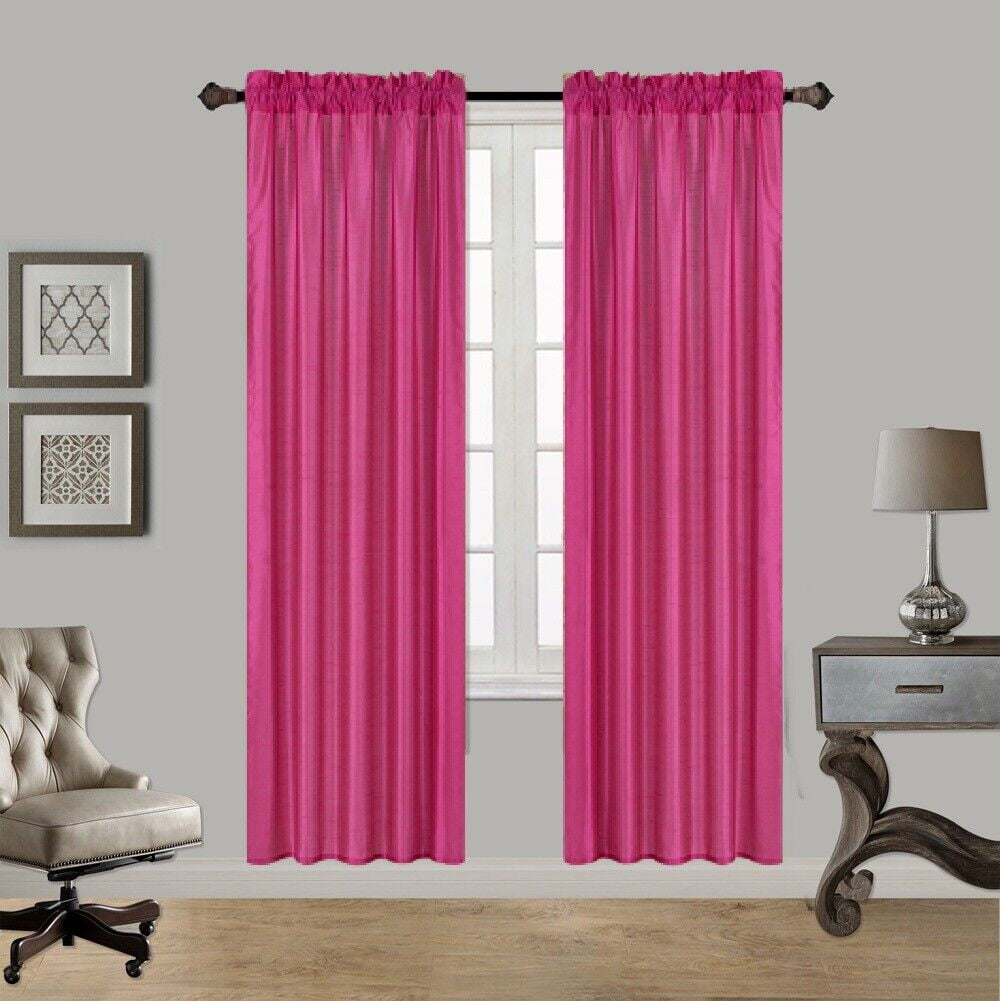 2PC MR2 HOT PINK SOLID SILK SEMI SHEER ROD POCKET WINDOW CURTAIN PANEL ...