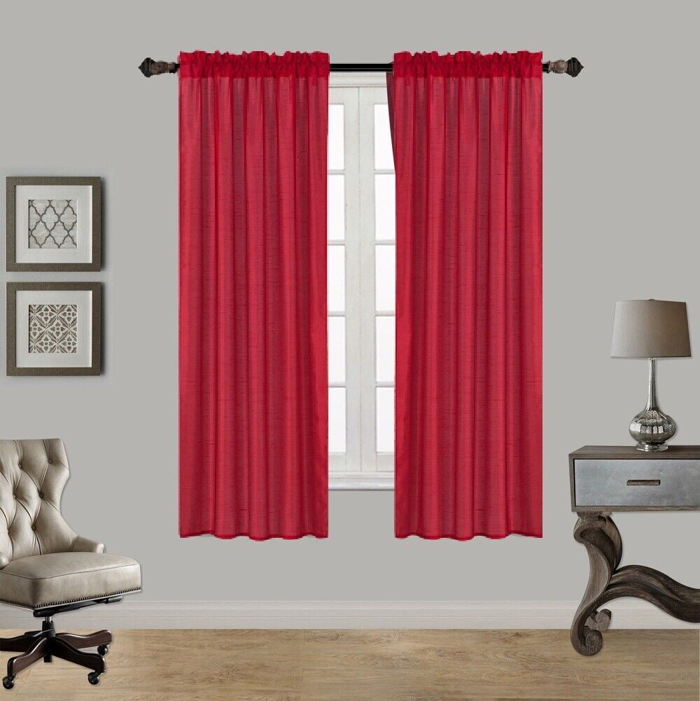 2PC MR2 RED SOLID SILK SEMI SHEER ROD POCKET WINDOW CURTAIN PANEL LIGHT ...