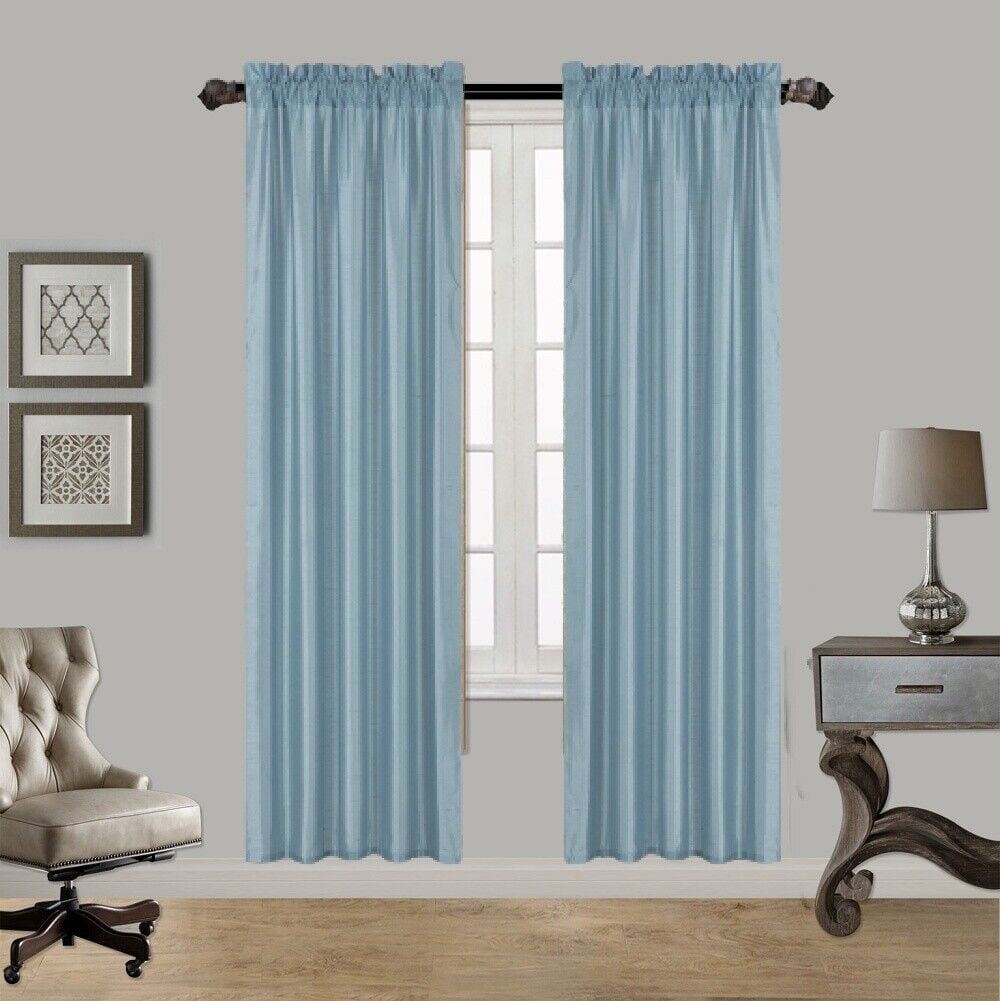 2PC MR2 SLATE BLUE SOLID SILK SEMI SHEER ROD POCKET WINDOW CURTAIN PANEL LIGHT FILTERING 55" W X ...