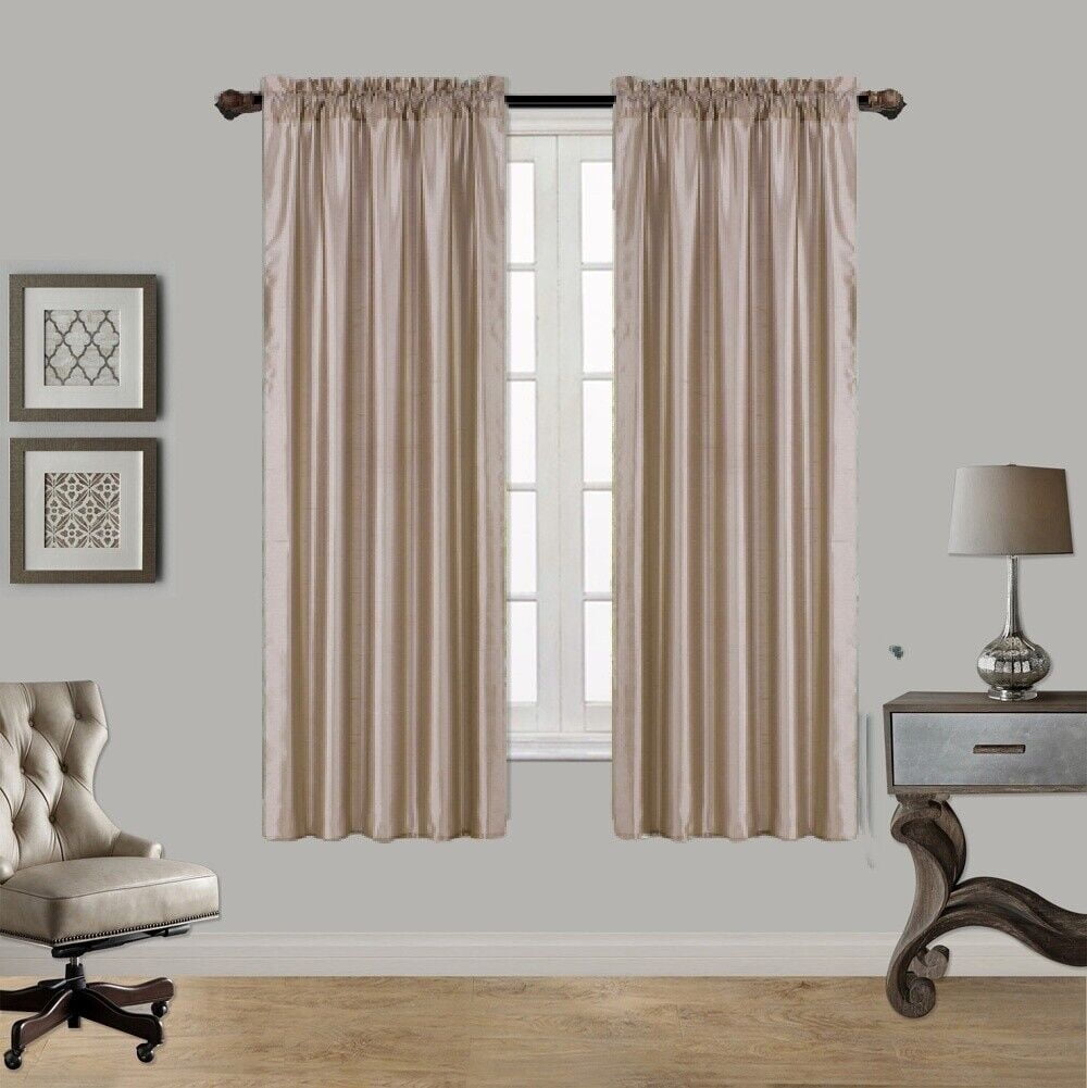 2PC MR2 TAUPE SOLID SILK SEMI SHEER ROD POCKET WINDOW CURTAIN PANEL ...