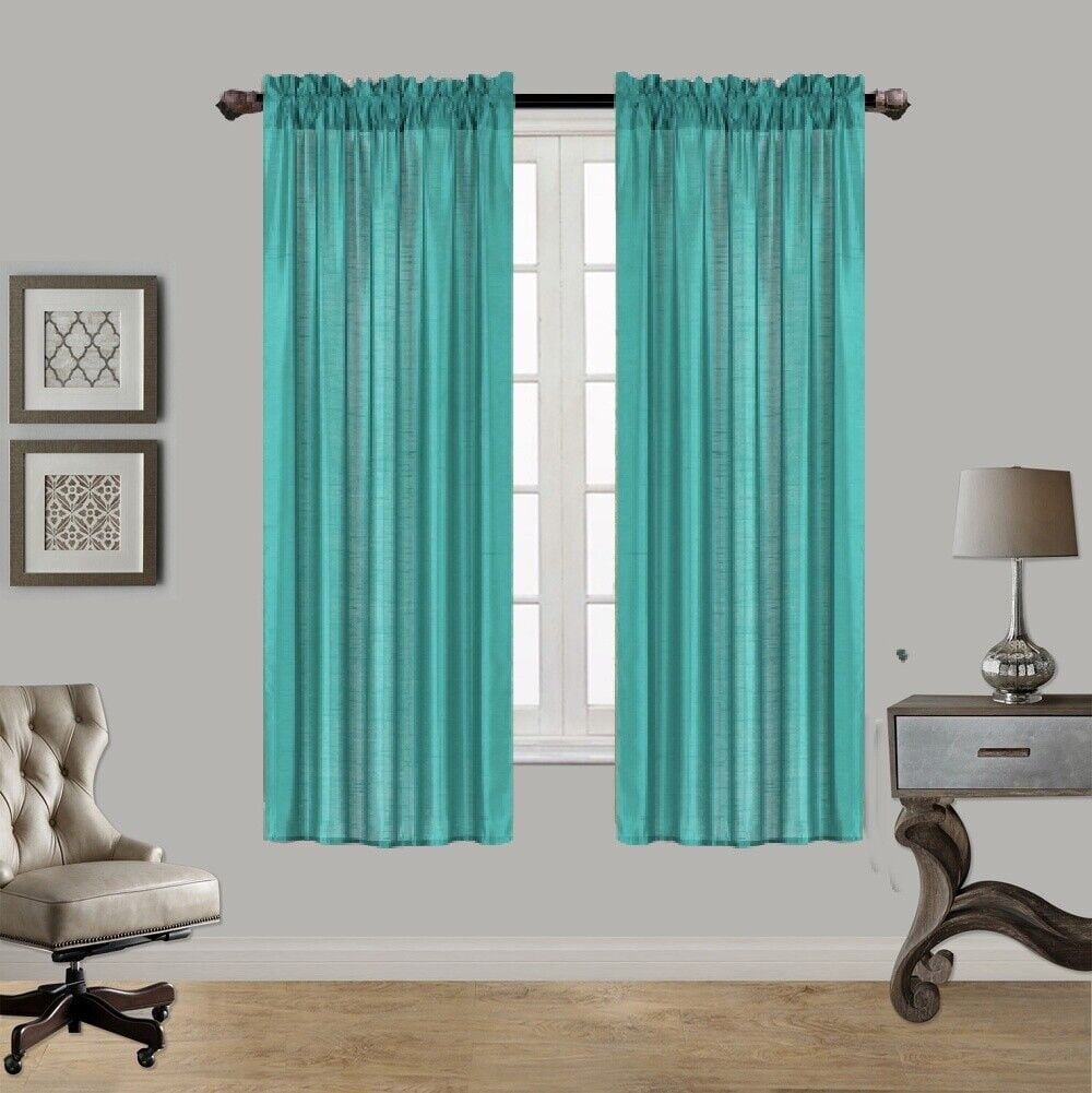 2PC MR2 TEAL BLUE SOLID SILK SEMI SHEER ROD POCKET WINDOW CURTAIN PANEL ...
