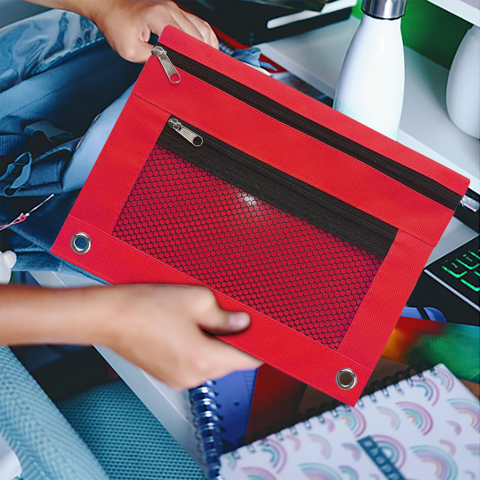 2PC Pencil Pouch, 3 Ring Binder Case, Zippered Cosmetic Bag, Durable ...