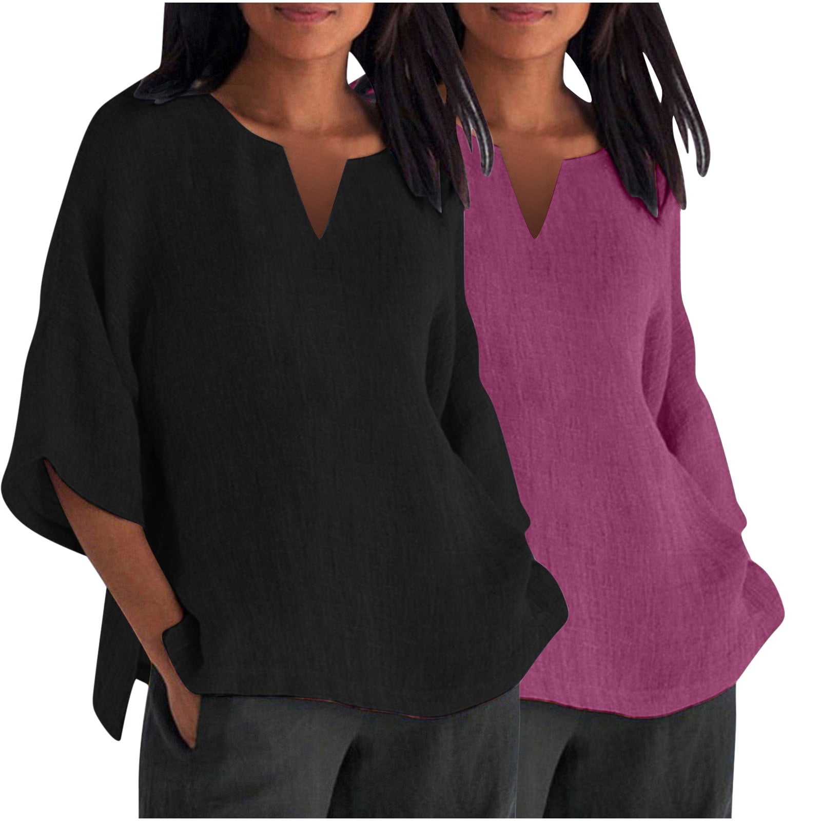 2PC Plus Size Solid Blouses for Women Plus Size Casual Cotton Linen ...