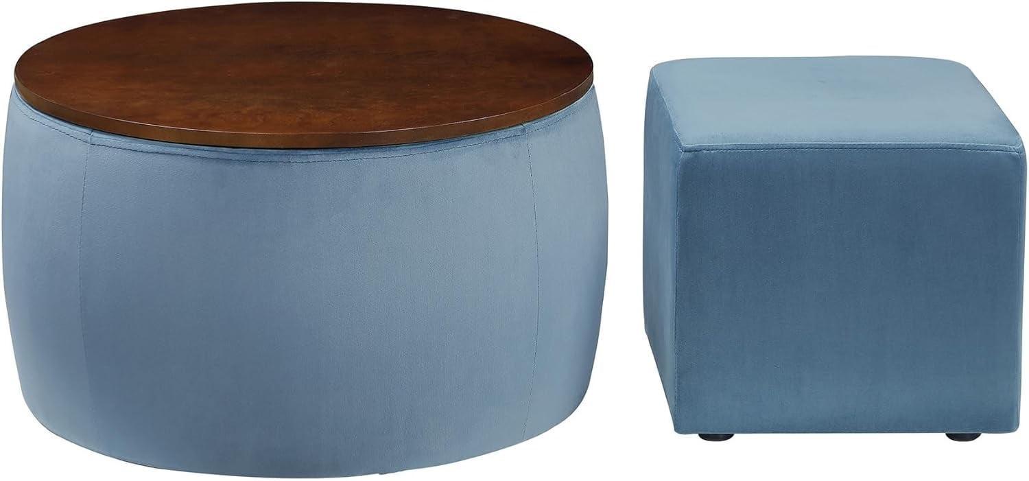2PC Round Storage Ottoman Coffee Table & Square Foot Stool Set, Modern ...