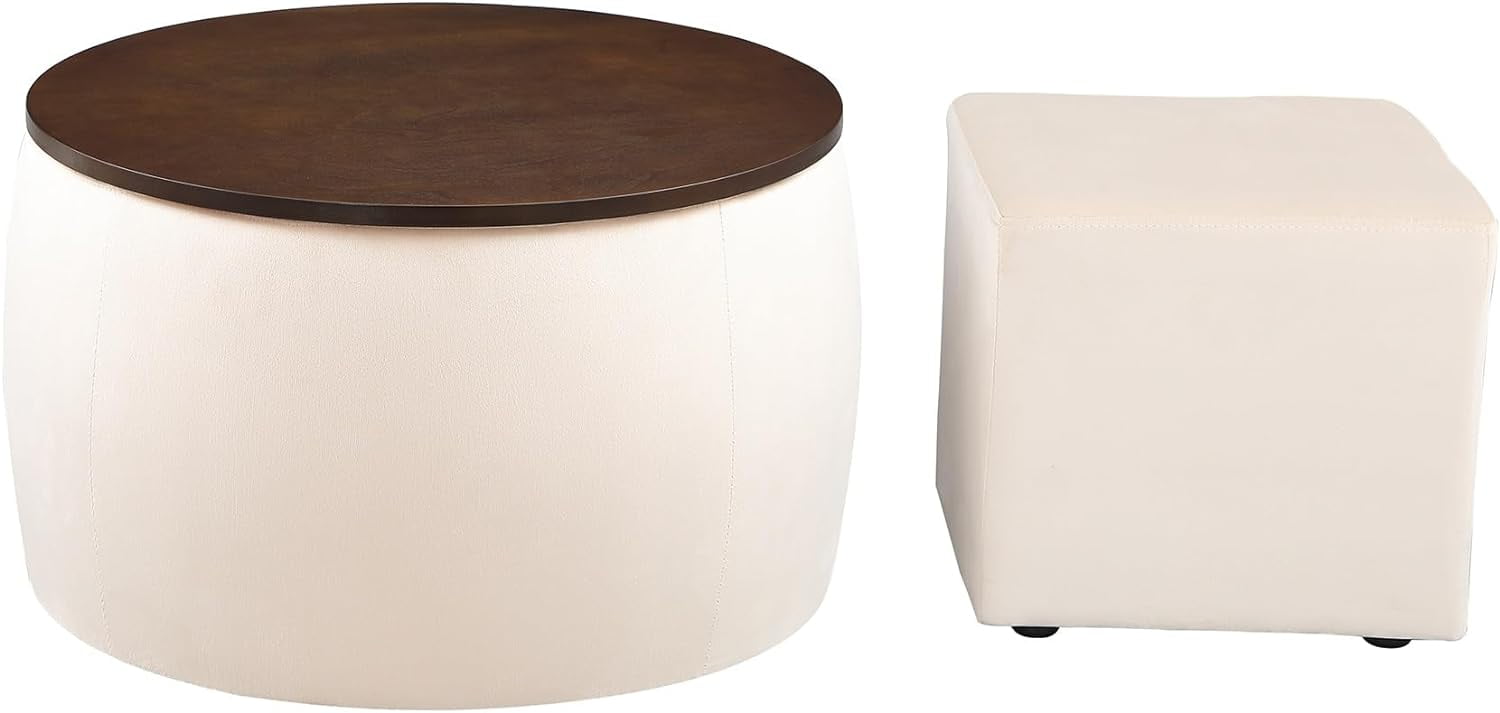 2PC Round Storage Ottoman Coffee Table & Square Foot Stool Set, Modern ...