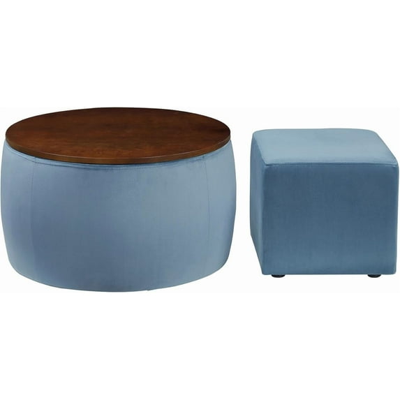2PC Round Storage Ottoman Coffee Table & Square Foot Stool Set, Modern ...