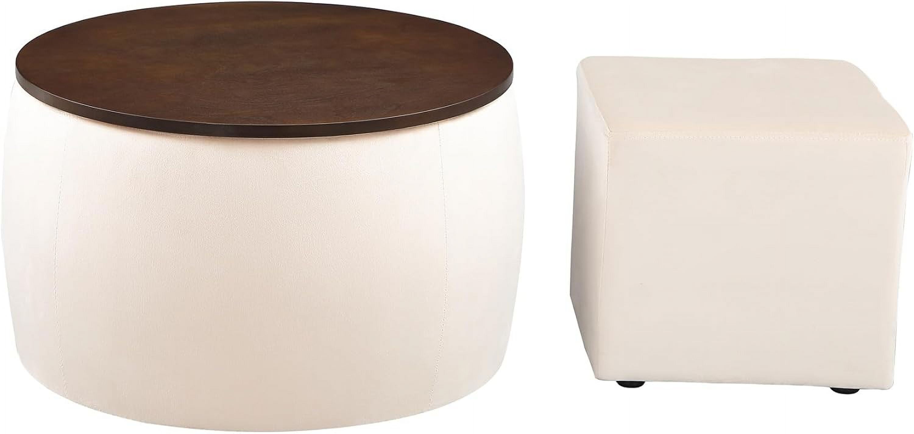 2PC Round Storage Ottoman Coffee Table & Square Foot Stool Set, Modern ...