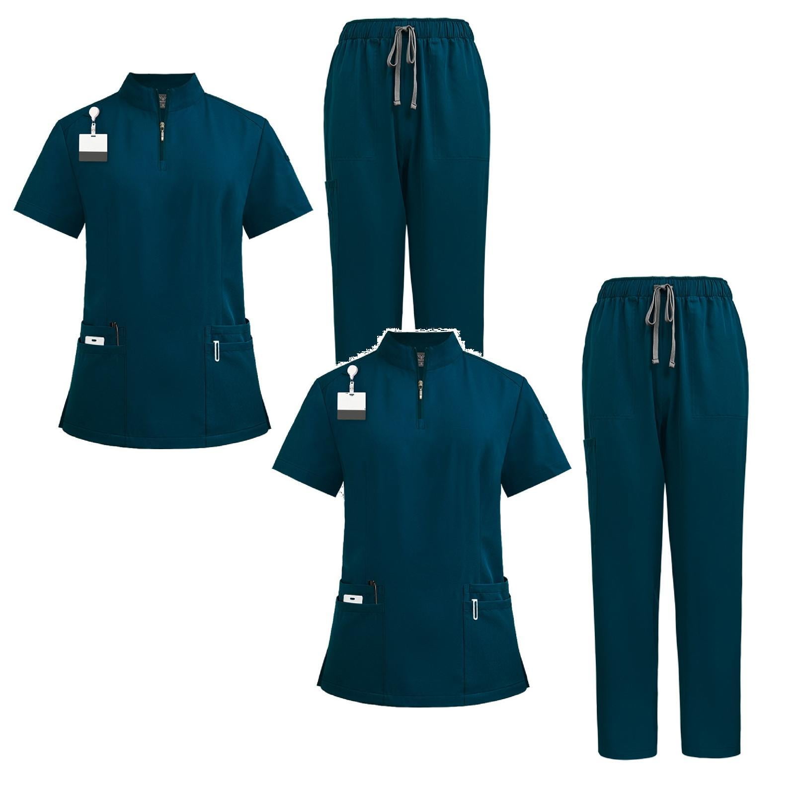 2PC Scrubs for Women Set Solid Color V-Neck Short Sleeve Nurse Top Long ...