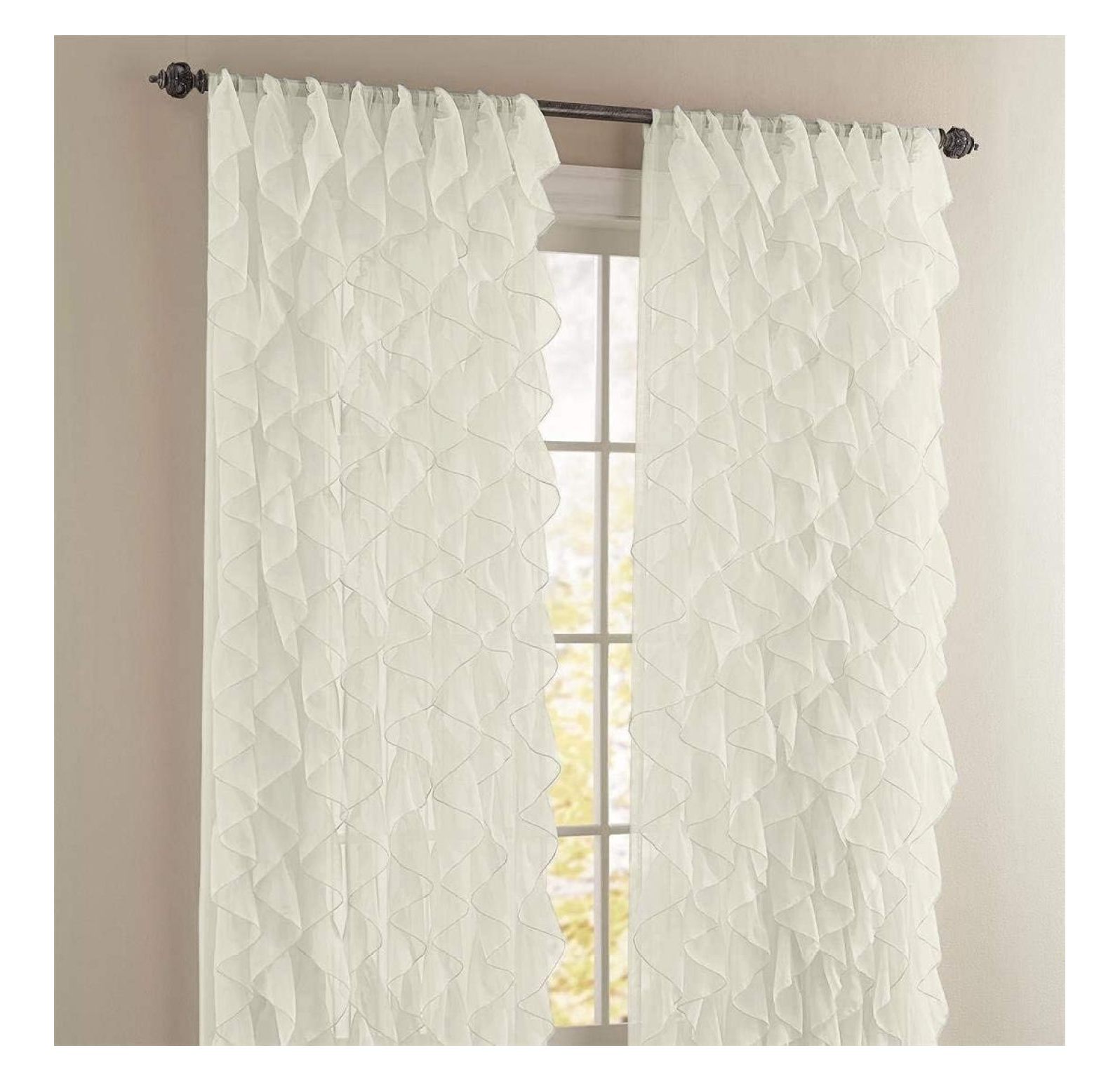 2PC Sheer Voile Ruffled Curtain Panels (Ivory, 50" X 63") - Walmart.com