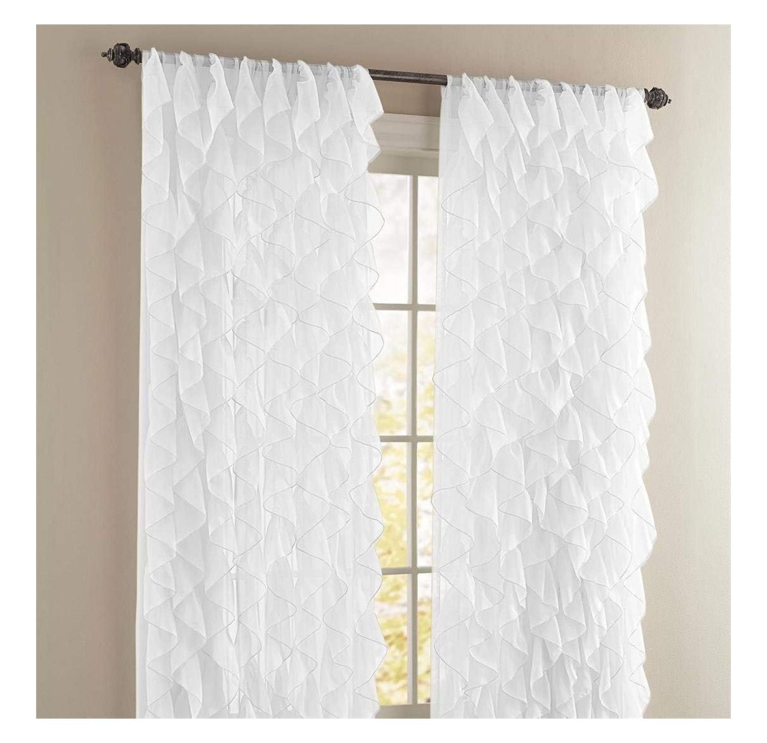 2PC Sheer Voile Ruffled Curtain Panels (White, 50" X 63") - Walmart.com