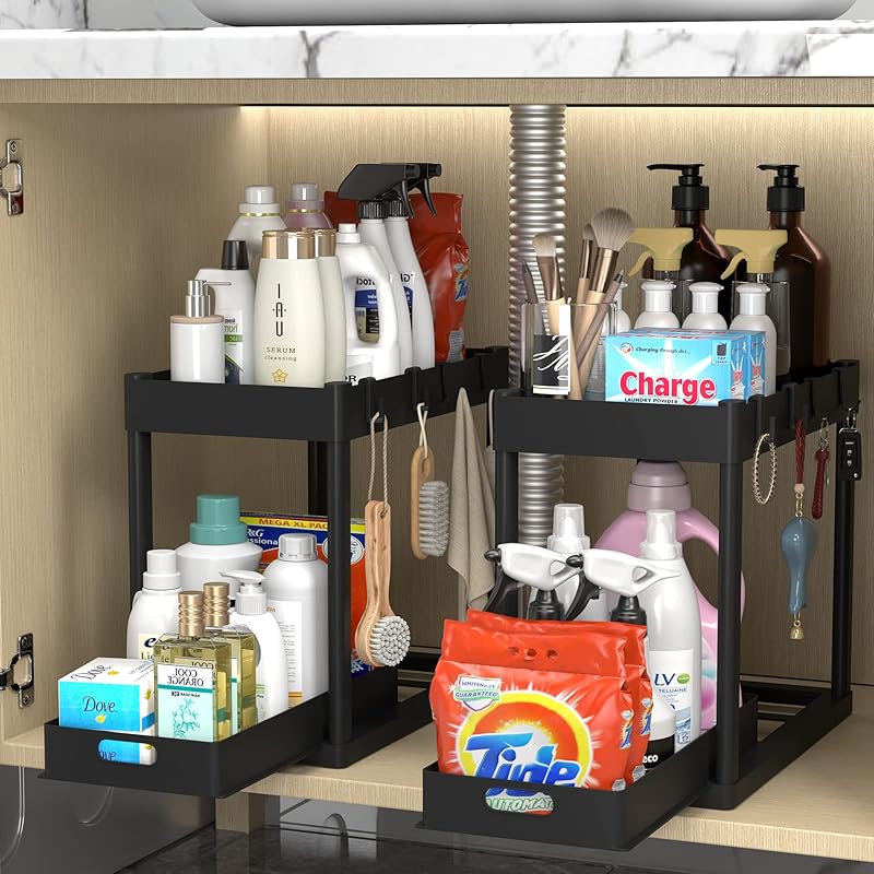 2PC Under Sink Organizer Rack 2 Tier Under Sliding Cabinet Basket ...