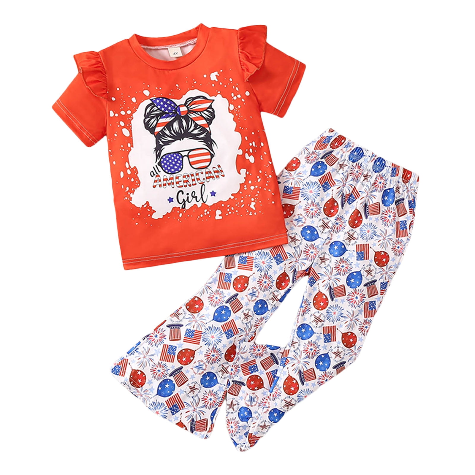2PC Summer Clothing Set Girls Independence Day Short Sleeve Cartoon Letter Prints Tops Trumpet ...