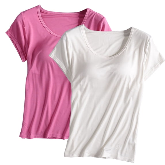 2PC Women's Modal Padded Built-in-Bra T-Shirts Short-Sleeve Crew Neck ...