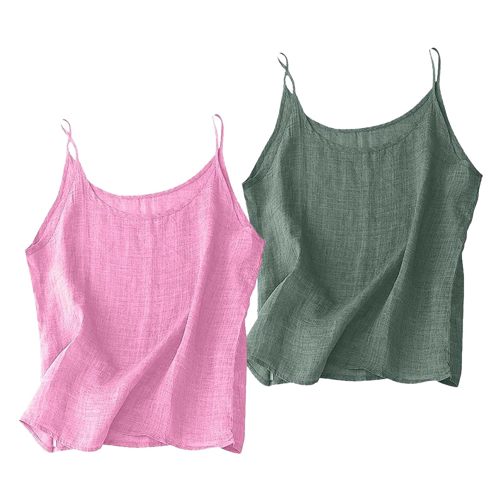 2PC Womens Linen Tank Top Sleeveless Spaghetti Strap Top Casual Solid ...