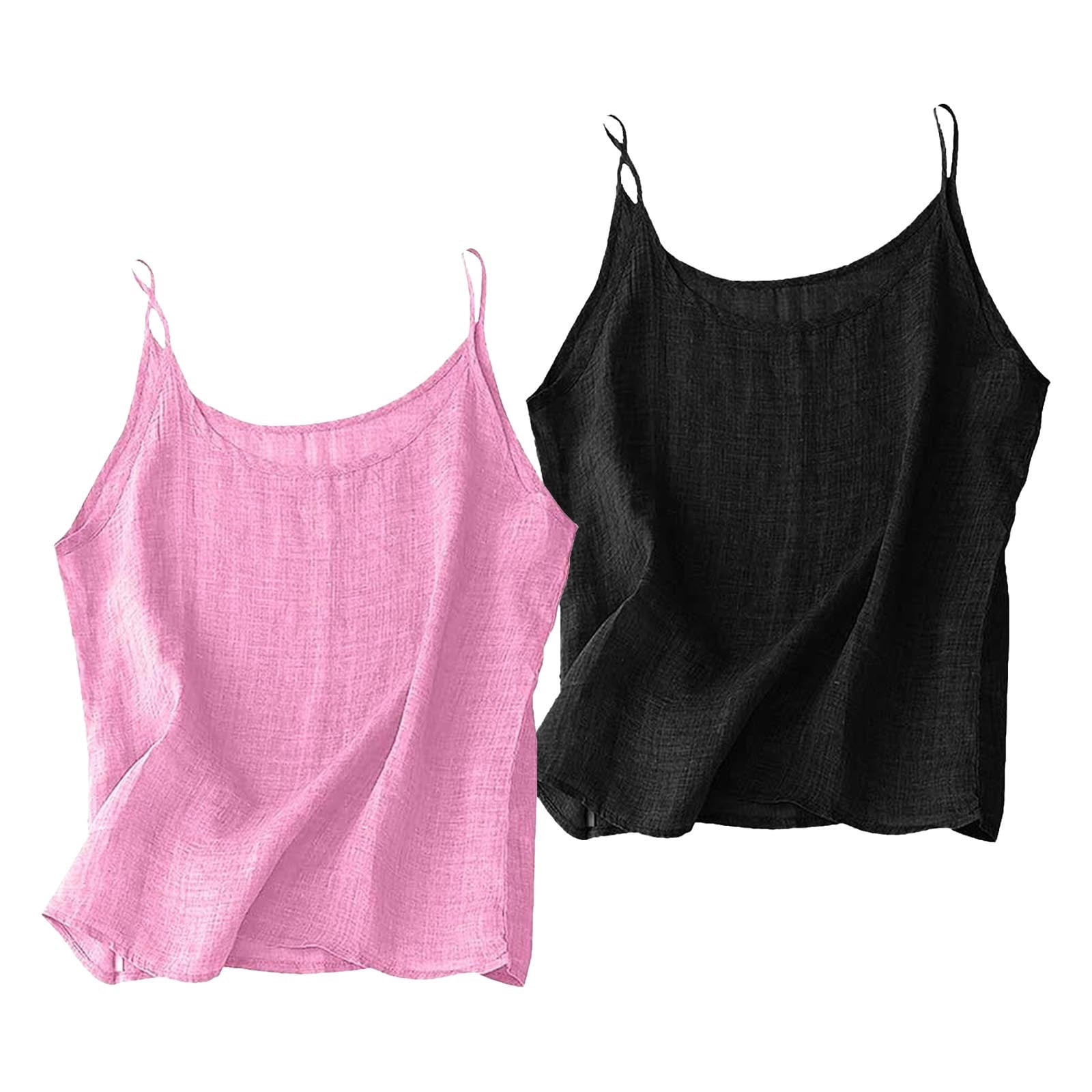 2PC Womens Linen Tank Top Sleeveless Spaghetti Strap Top Casual Solid ...