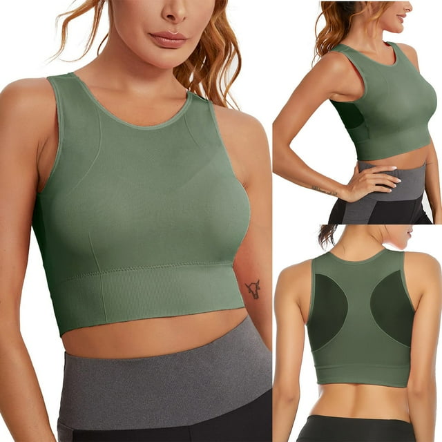 2PC Womens Sports Bra Workout Longline High Impact Tops Built In Crop ...
