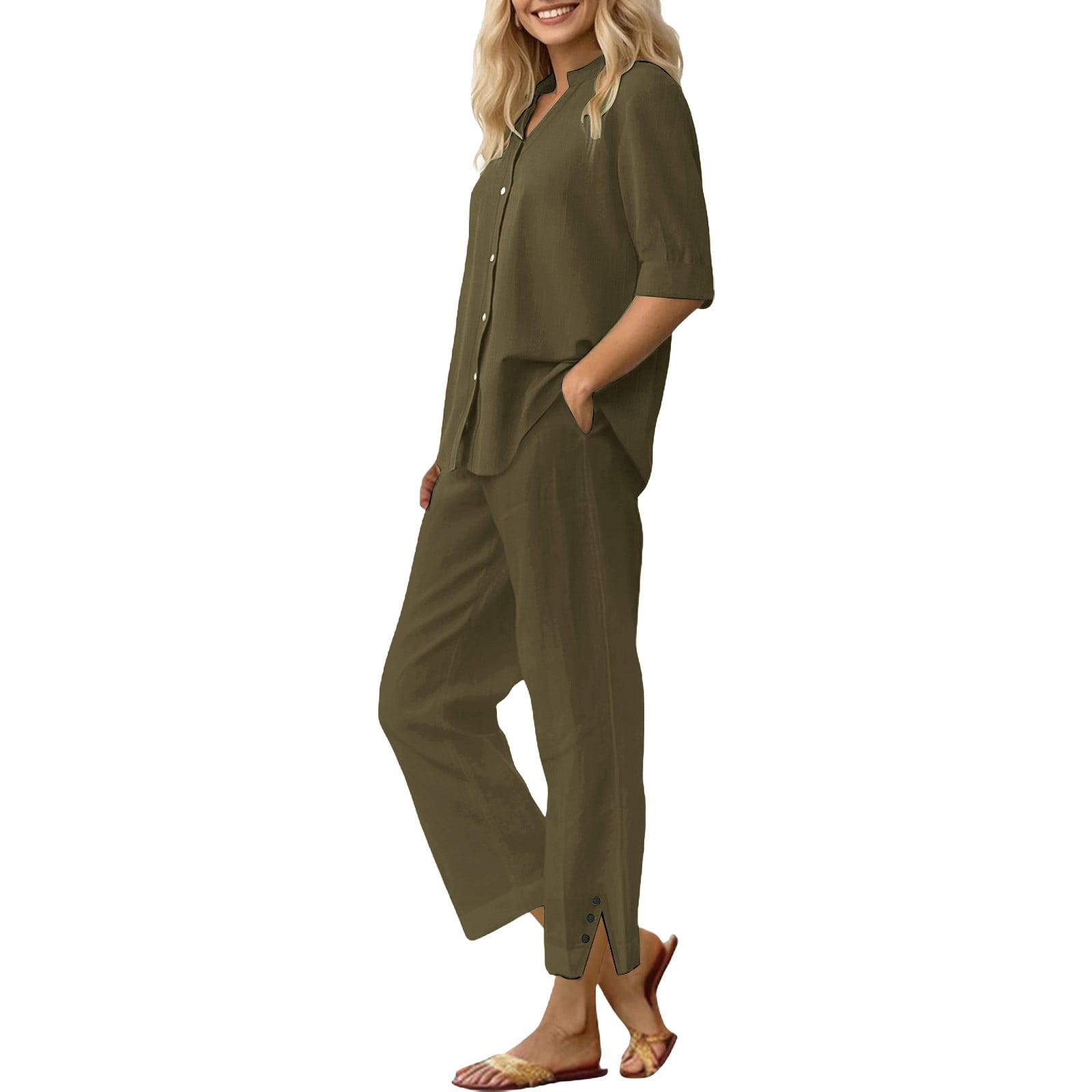 2PC Womens Summer Tops Set BWASD Cotton Linen Loose Fit Comfys Half ...