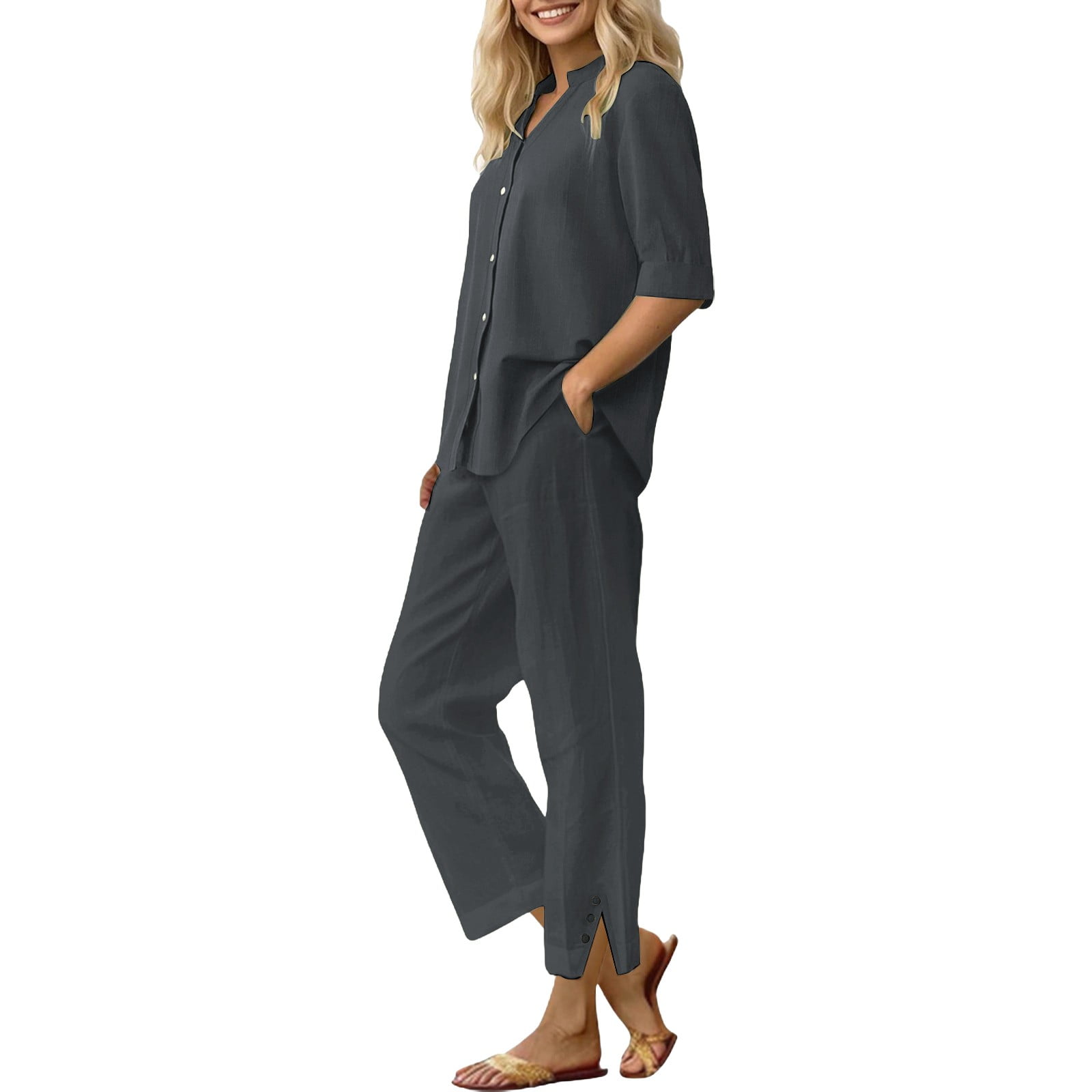 2PC Womens Summer Tops Set BWASD Cotton Linen Loose Fit Comfys Half ...
