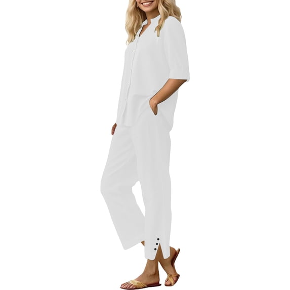 2PC Womens Summer Tops Set BWASD Cotton Linen Loose Fit Comfys Half ...
