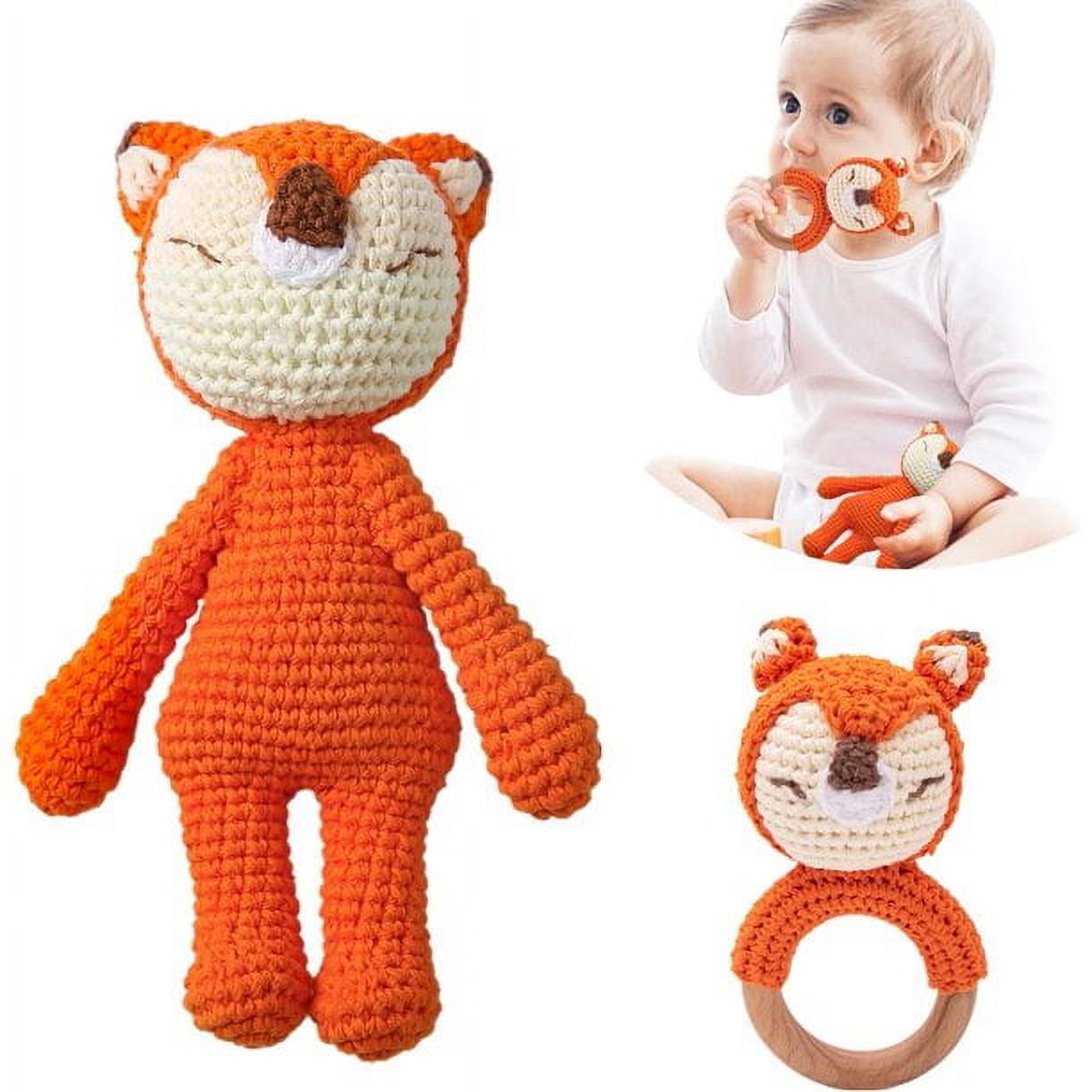 2PC Wooden Baby Fox Rattle & Crochet Doll Plush Stuffed Fox Animals Toy ...