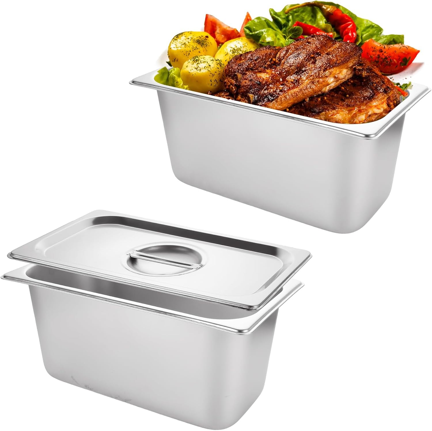 2PCS 1/3 Size Steam Table Pan with Lids, 6 Inch Deep Stainless Steel ...