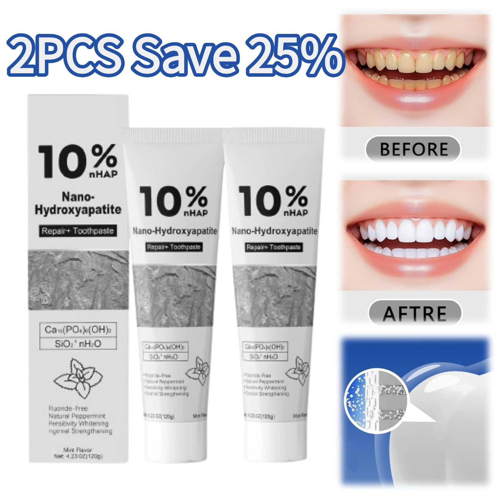 2PCS 10% Hydroxyapatite Toothpaste， Hydroxyapatite Toothpastes for ...