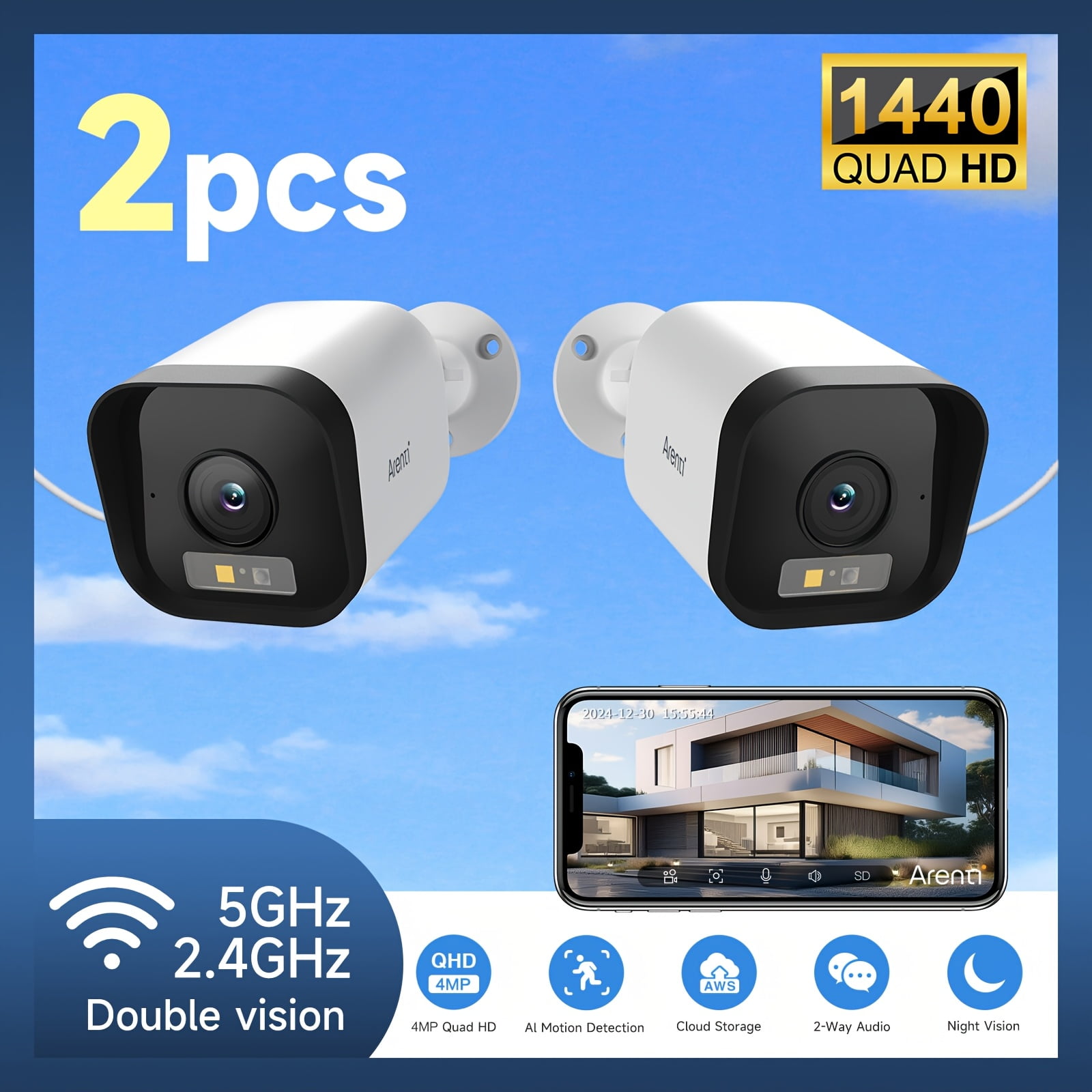 2PCS 1440P QHD 4MP Outdoor WiFi Security Cameras with PIR Motion ...