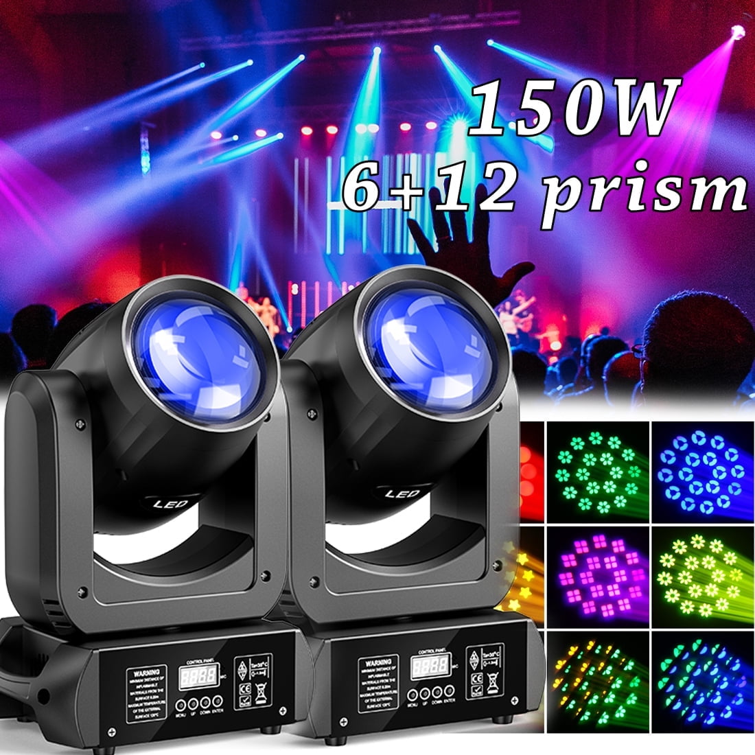 2PCS 150W Moving Head Beam Lights - 6+12 Prism 8 GOBOs 8 Colors DMX ...