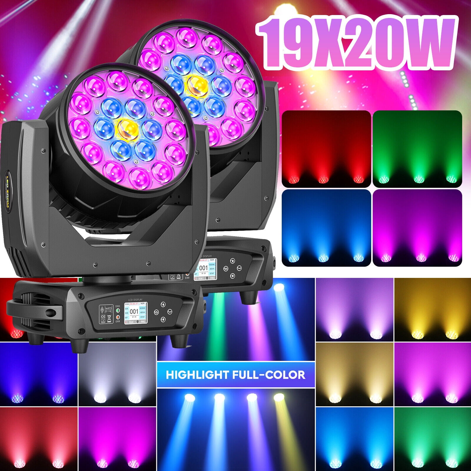 2PCS 19x20W LED RGBW 4-in-1 Zoom Moving Head Stage Light Beam DJ Party ...