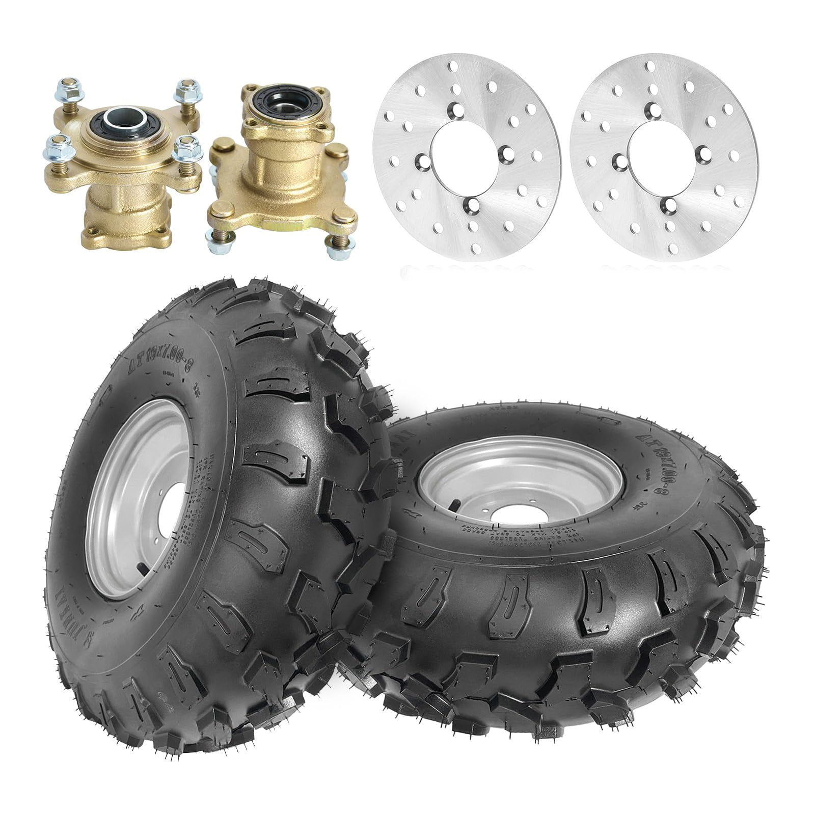 2PCS 19x7.00-8 19x7-8 ATV Go Kart Tires and Rims Wheel Combo 88mm + 4 Stud Hubs + Brake Disc ...