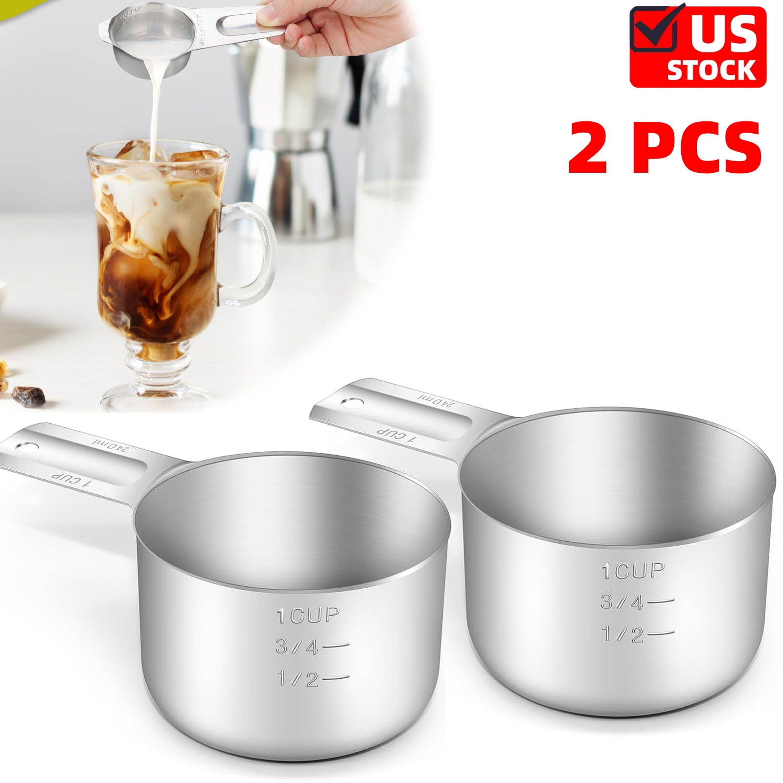 2PCS 1Cup (240ml, 8oz) Single Measuring Cup, Stainless Steel Measure ...