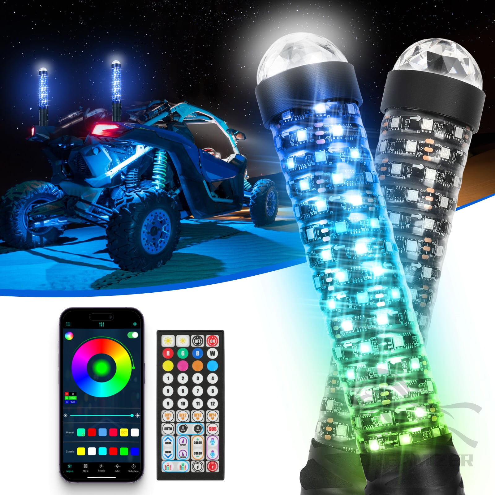 2PCS 1FT With Warning Lights Fat Bluetooth Remote Control Colorful ...