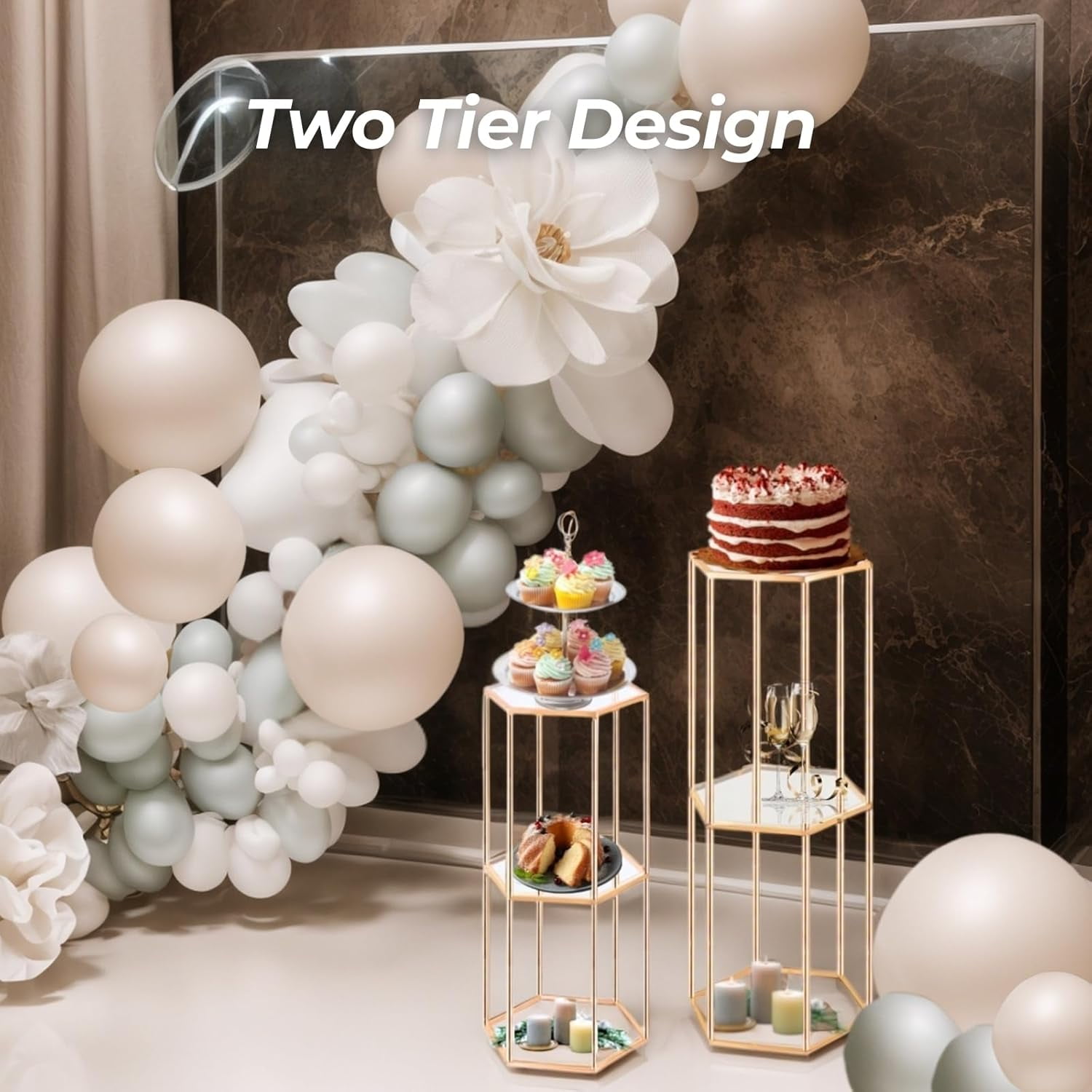 2PCS 2 Tier Hexagon Gold Cake Stand for Party, Tall Metal Pedestal ...