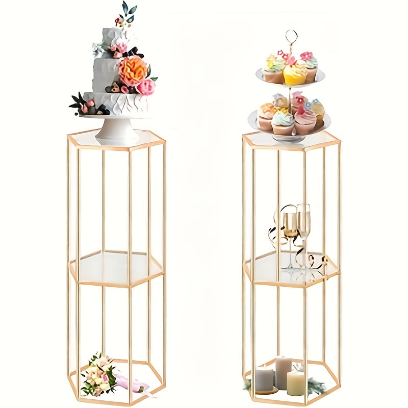 2PCS 2 Tier Hexagonal Gold Cake Stand for Party, High Metal Pedestal ...