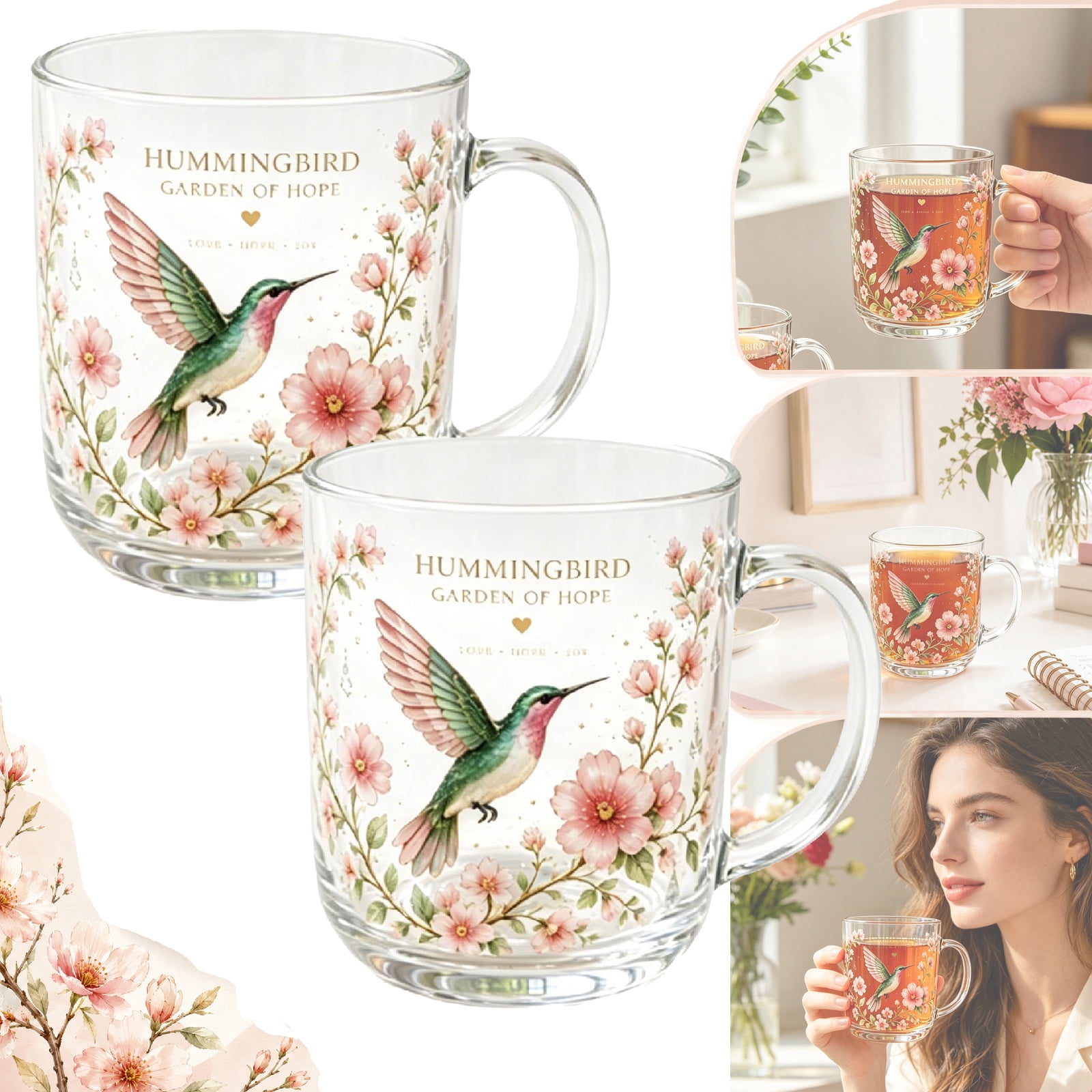 2PCS 2026 Garden Morning Bliss Glass Tea Cup Hummingbird Floral Clear ...