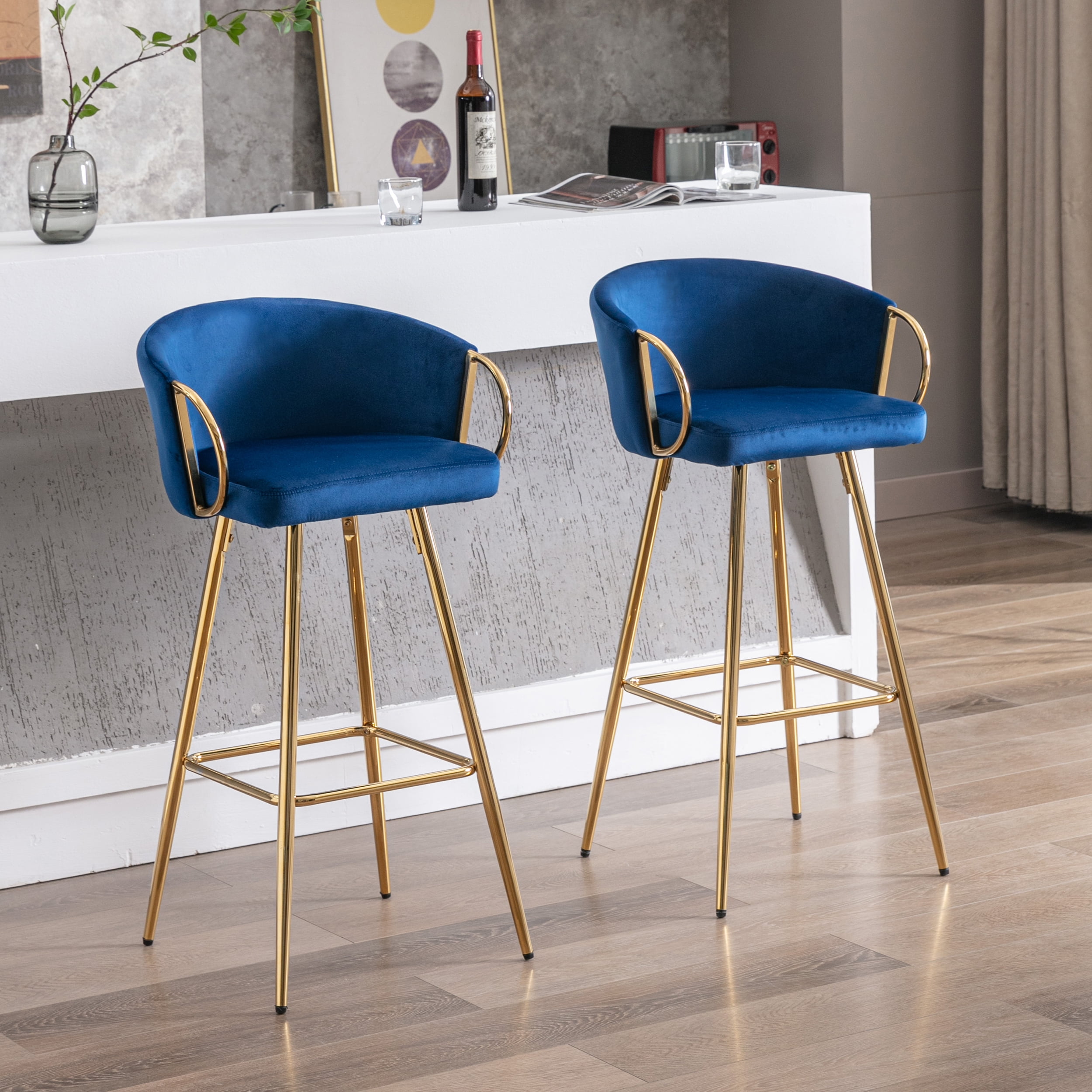 2PCS 26-Inch Bar Stools with Chrome Footrest - Luxurious Velvet Fabric ...