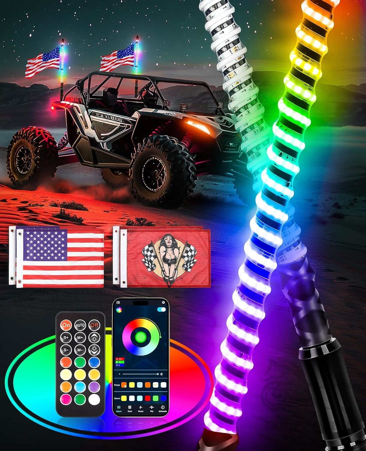 2PCS 2ft LED Whip Lights with Turn/Brake/Reverse Light APP & Remote ...