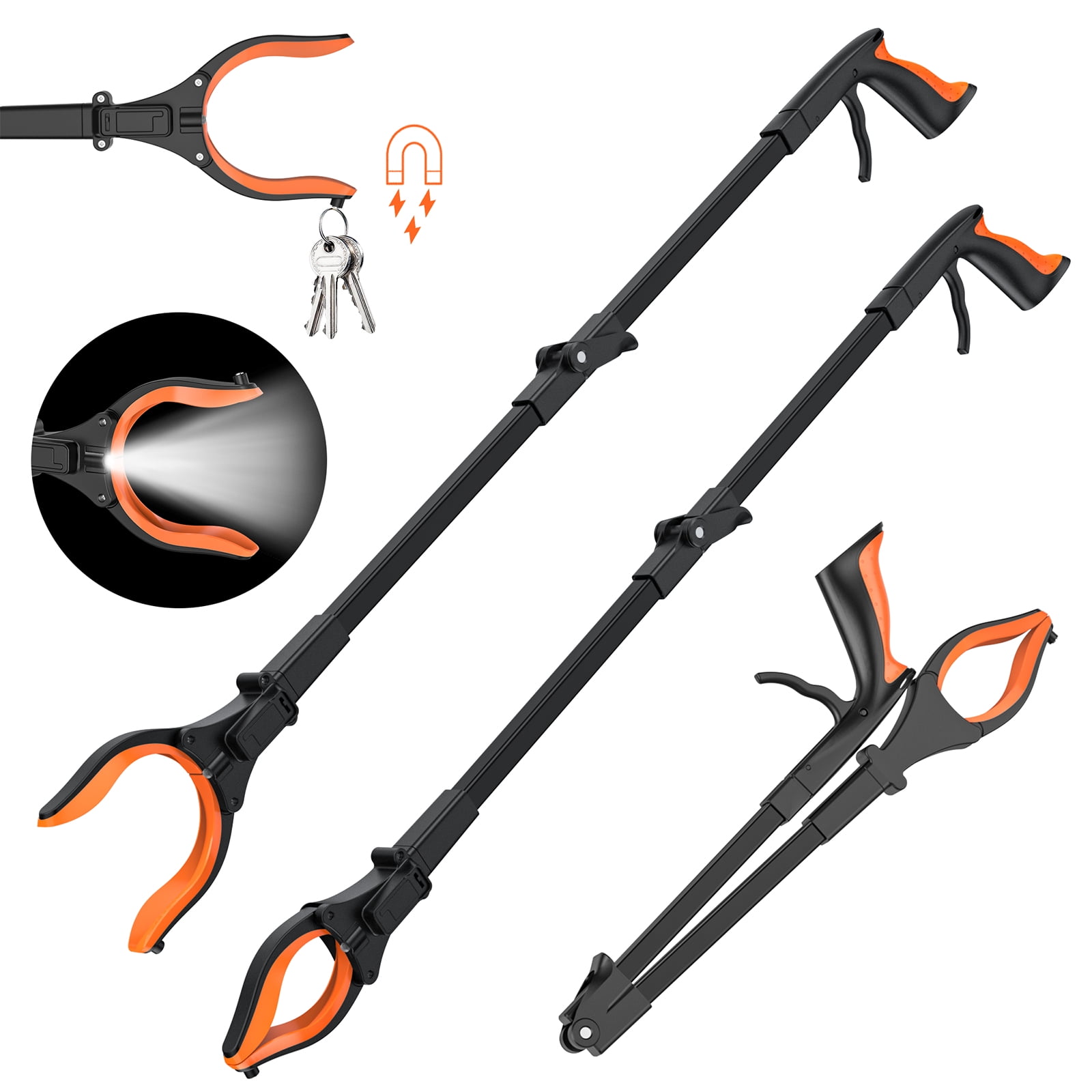 "2PCS 32"" Heavy Duty Reacher Grabber with Light, Foldable Trash Claw ...