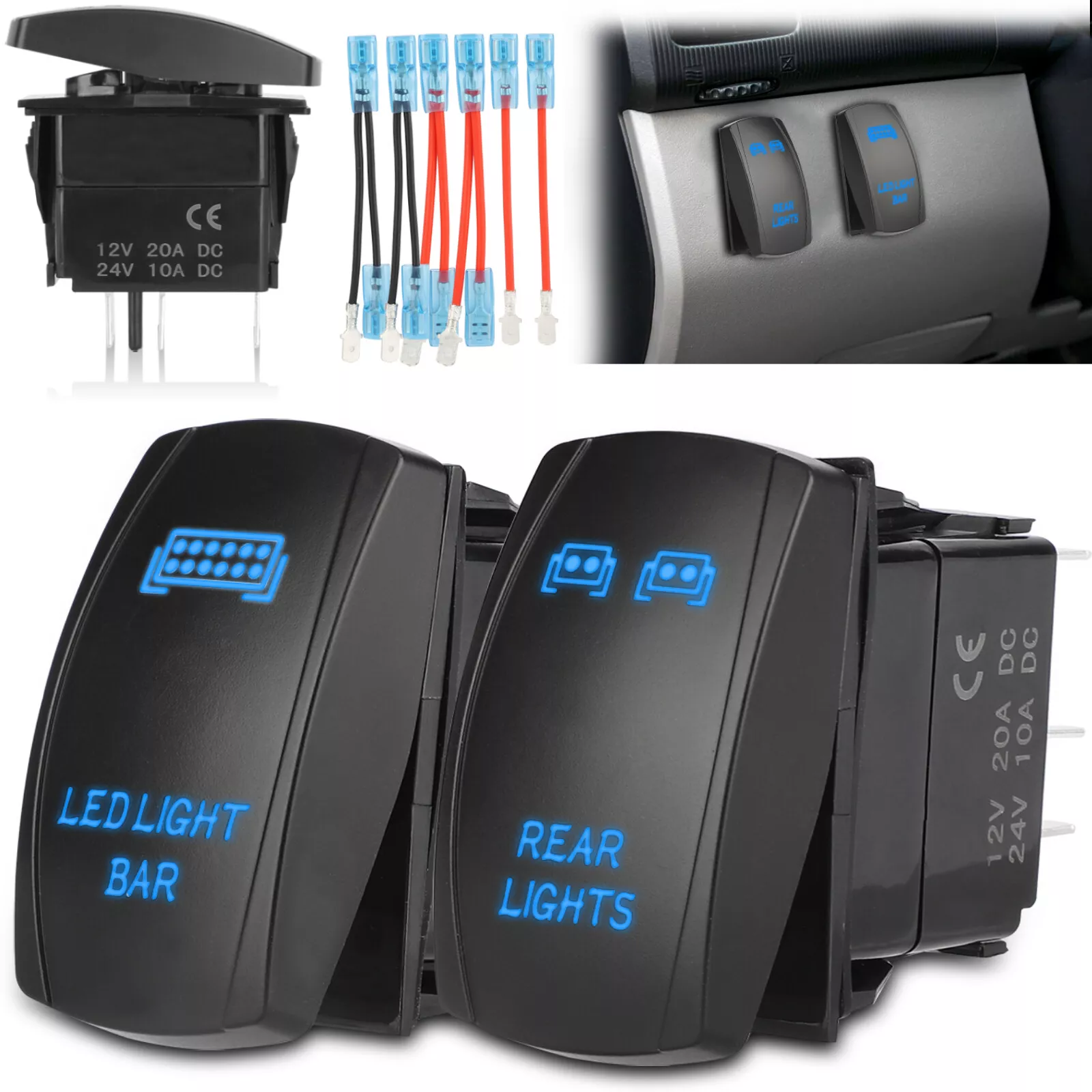 2PCS 5 Pin LED Light Bar Toggle + Blue Rocker Switch Rear Light Car ...